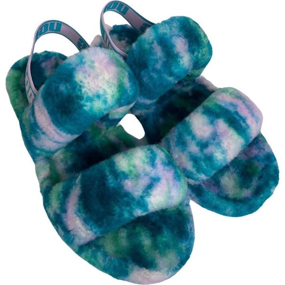 UGG | Shoes | Ugg Fluff Yeah Marble Tie Dye Fur Slides Slippers Blue ...